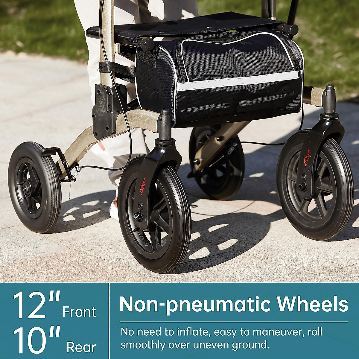 ELENKER All-Terrain Upright Rollator Walker, Stand up Rolling Walker with Seat, 12” Non-Pneumatic Tire Wheels, Compact Folding Design for Seniors, Champagne