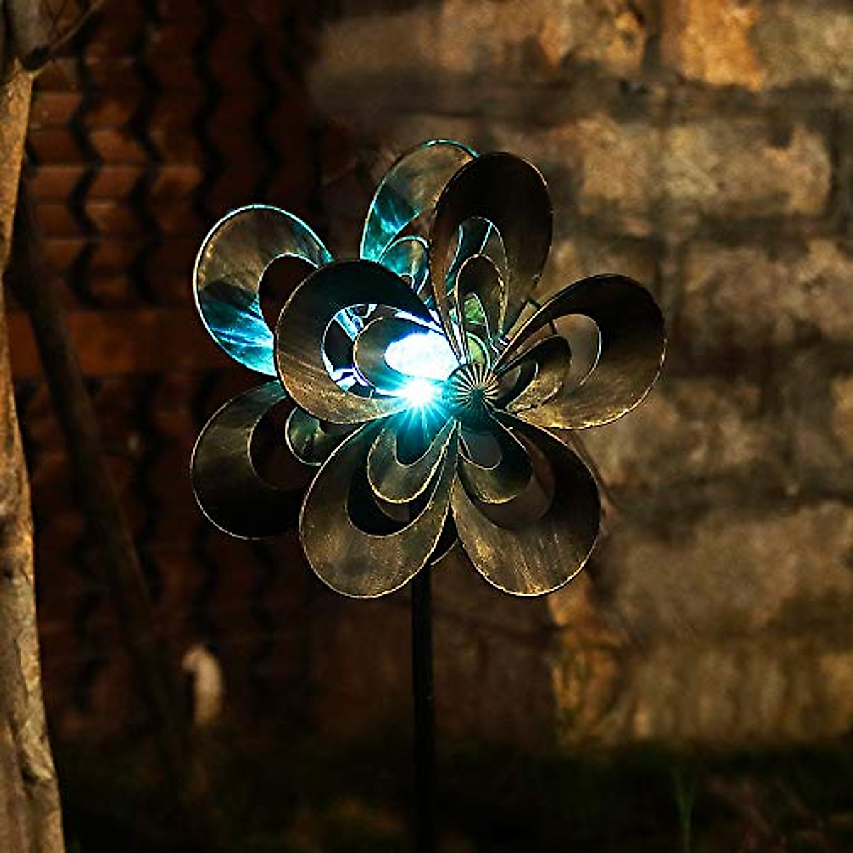 Solar Wind Spinner Magnolia Multi-Color Seasonal LED Lighting Solar Powered Glass Ball with Kinetic Wind Spinner Dual Direction for Patio Lawn & Garden