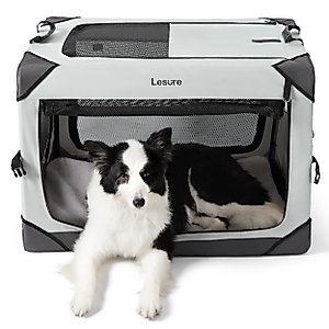 Lesure Collapsible Dog Crate - Portable Travel Kennel for Large Dog, 4-Door Pet Crate with Durable Mesh Windows, Indoor & Outdoor, Light Gray