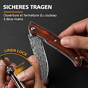 Omesio Damascus Pocket Knife with Leather Sheath for Men Women, Wooden Handle, Vg-10 Steel Damascus Folding Knife, 3.54 Inch Blade Foldable EDC Knife for Camping Fishing Hiking Hunting Gift