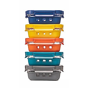 GENICOOK Borosilicate Tempered Glass Food Storage Containers with Glass Lid - Food Grade Silicone Wrap & Air Release Vent, Rectangle shape - 10 pc set (5 Containers - 5 Matching Lids) Multi-colored