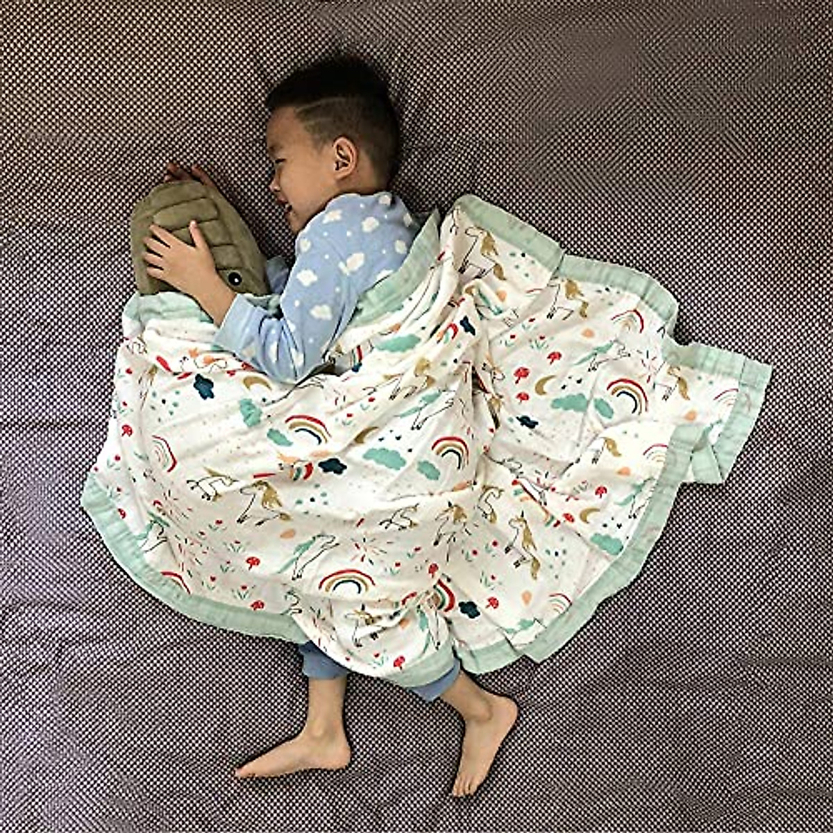 Muslin Soft Swaddle Blankets, Muslin Quilt Baby Blanket for Boy Girl Toddler Daycare, Multiple Layer Swaddle Wrap, 70% Bamboo 30% Cotton, Practical Size 43X45inchs (Rainbow Unicorn)