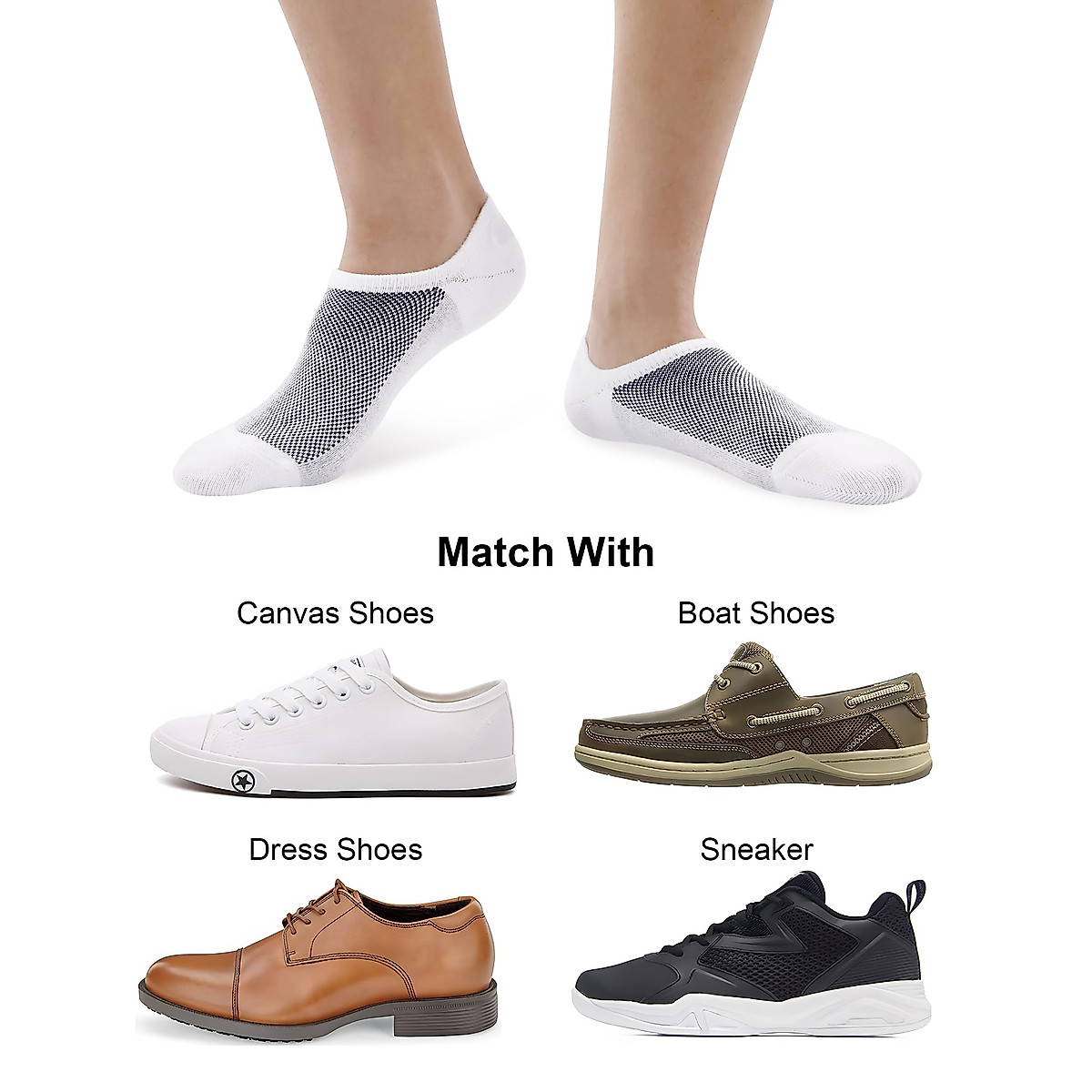 SIXDAYSOX Socks for Men No Show 8 Pairs Size 9-11 White Mesh Knit Low Cut Ankle Socks with Non Slip Grid for Flat Loafer Sneakers