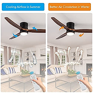 EKIZNSN 52 Inch Modern Outdoor Flush Mount Ceiling Fan with Lights Remote Control, Low Profile Wood Ceiling Fan with 3 Blades for Bedroom/Living Room, Walnut Wood