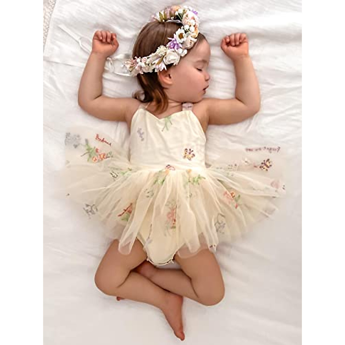 Baby Girl Lace Tulle Romper Dress Sleeveless Flower Embroidery Mesh Tutu Princess Dress Fluffy Brithday Photoshoot (Creamy Yellow, 12-18 Months)