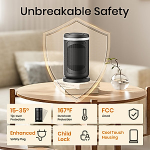 Space Heater, 1500W Portable Heaters for Indoor Use, Small Space Heater for Office, Mini Heater with Digital Display, 12H Timer, 3 Modes, 90°Oscillation, PTC Ceramic Electric Heater for Bedroom Home