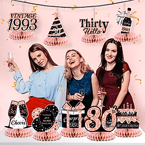 LITAUS, Rose Gold 30th Birthday Decorations Honeycomb Centerpieces for Table - Pack of 9 | 30 th Birthday Table Decorations for Women | 30th Birthday Party Supplies