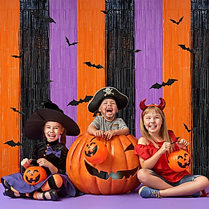 Halloween Party Decorations, 3 Pack 3.3 x 6.6 Ft Orange Purple Black Foil Fringe Curtains with 24 Bat, Halloween Backdrop Photo Booth Props Streamer for Halloween Party Supplies Birthday Decorations