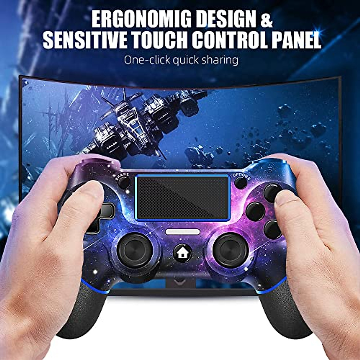 AceGamer SAMINRA Replacement for PS4 Controller with 2 Thumb Grips, Design Starry Sky Custom V2 Wireless Game Controllers, Compatible with PS4, Slim, Pro and Windows PC