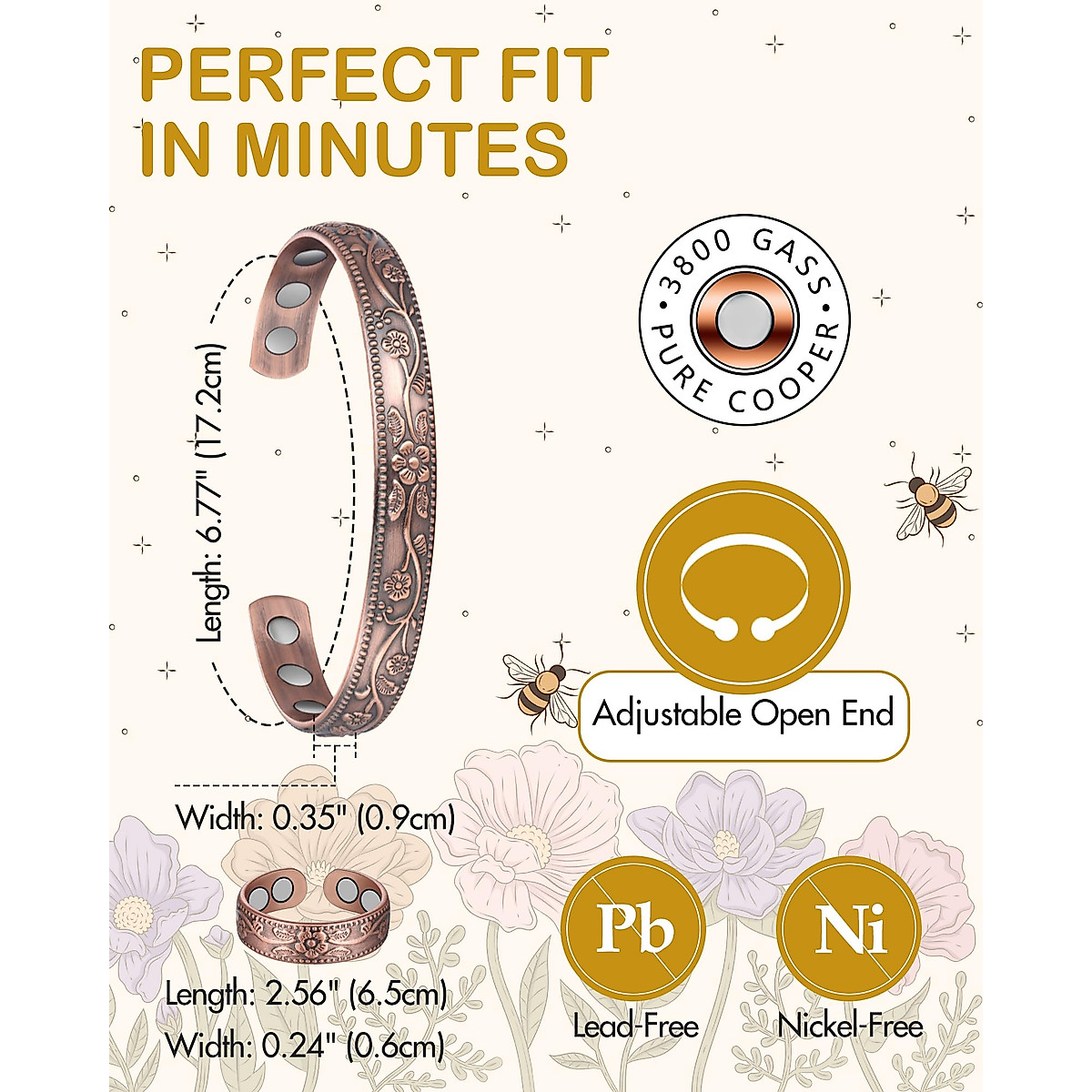 Feraco Copper Bracelet & Lymphatic Drainage Rings for Women, Vintage Flower Copper Magnetic Cuff Bangle, 99.99% Pure Copper with Neodymium Magnets, Adjustable with Gift Box