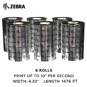 Zebra Standard Black Wax Ribbon for Industrial Thermal Transfer Printers 4.33 in Wide 1476 ft Long 1 in Core 6 Rolls 10031729SP