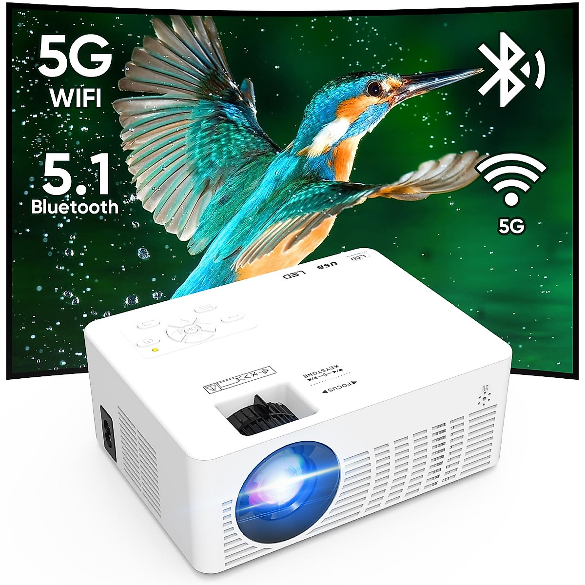 WiFi Projector with 100’’ Projector Screen, 9000Lux Projector for Outdoor Movies 1080P Full HD Supported Mini Portable Projector Compatible with Smartphone TV Stick HDMI USB AV AUX