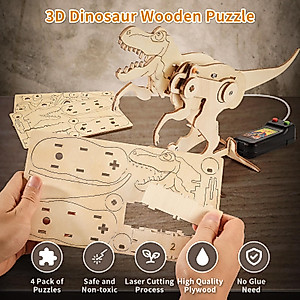 Dinosaur STEM Kits for Kids Ages 6-8-10-12, 4 in 1 Wood Building Toys for Boys Age 8-12, Build It Yourself Woodworking Kit, DIY 3D Wooden Puzzles Model Science Crafts for Kids, Stem Projects