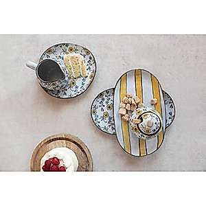 Creative Co-Op Hand-Painted Stoneware Floral/Striped Pattern, Set of 2 Platter Set, 11" L x 6" W x 1" H, Yellow
