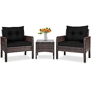 Tangkula 3 Piece Outdoor Patio Furniture Set, Wicker Chairs Set with Glass Top Coffee Table, Thick Cushions, All Weather Garden Lawn Poolside Backyard Porch Furniture Set for 2 (Black)