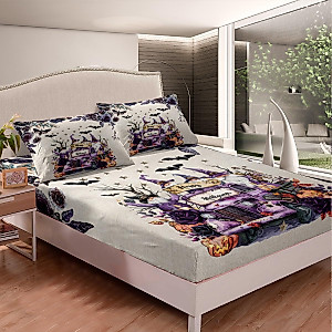 Manfei Happy Halloween Fitted Sheet Full Size, Cute Gnome Ghost Bed Cover with 2 Pillowcases, Gothic Moth Floral Bedding Set 3pcs for Kids Boy Girl Room Decor, Soft Polyester Bedding