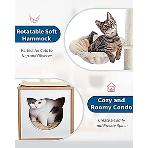Made4Pets Cat Tree Cat Tower for Indoor Cats 65.6 Inches Modern Wood Cat Condo with Scratching Post for Large Cats Climbing, Multi-Level Tall Cat Tower Tree House with Hammock for Kitten Play and Rest
