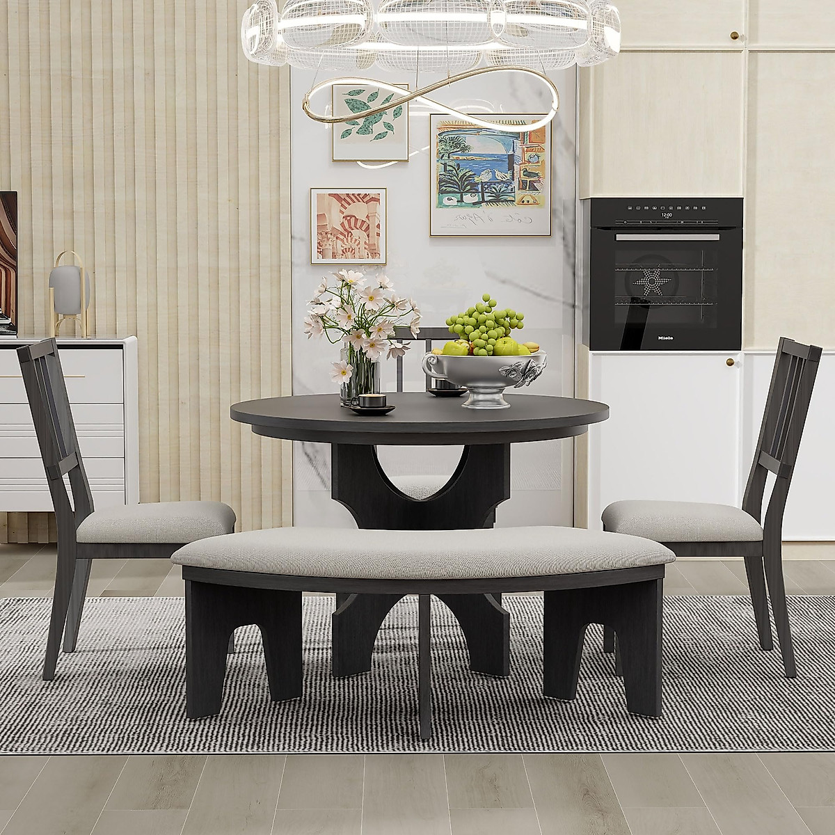FIQHOME Kitchen Room Retro 5-Piece Set, 44'' Wood Round Dining Table with Curved Bench & 3 Upholstered Chairs and Special-Shaped Legs, 4-5 People,Grey, Gray
