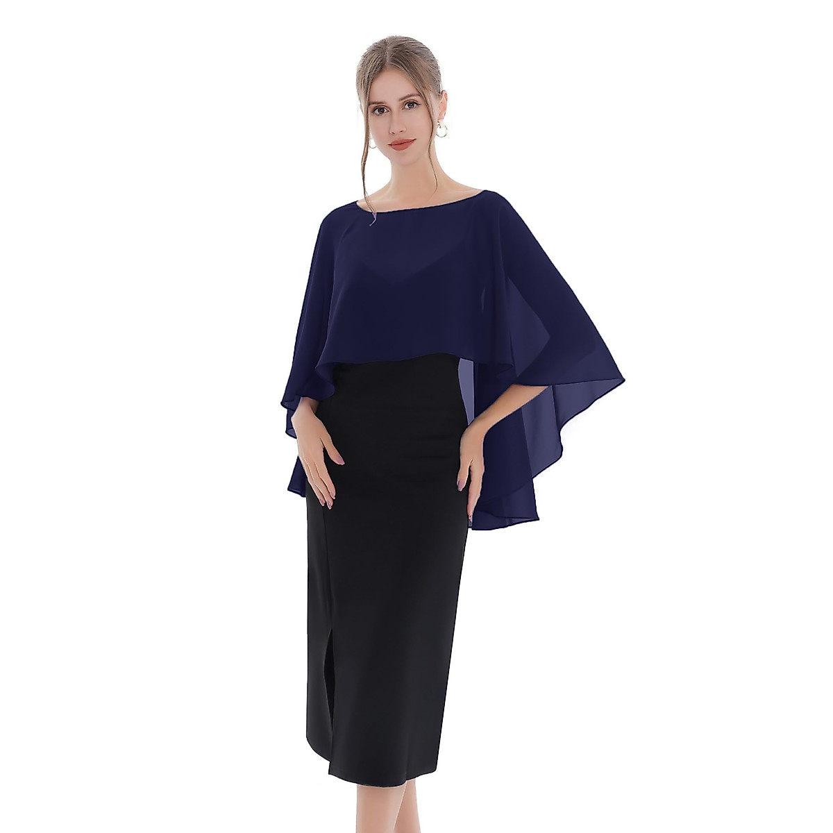 Baoqiya Women's Capelet Shawls and Wraps for Evening Dresses Soft Bridesmaid Shawl Chiffon Cape Wedding Cover Up(Navy)