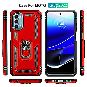 SunRemex Moto G 5G 2022 Case: Tempered Glass Screen Protector, Magnetic Ring Holder Kickstand, Military Grade - Red