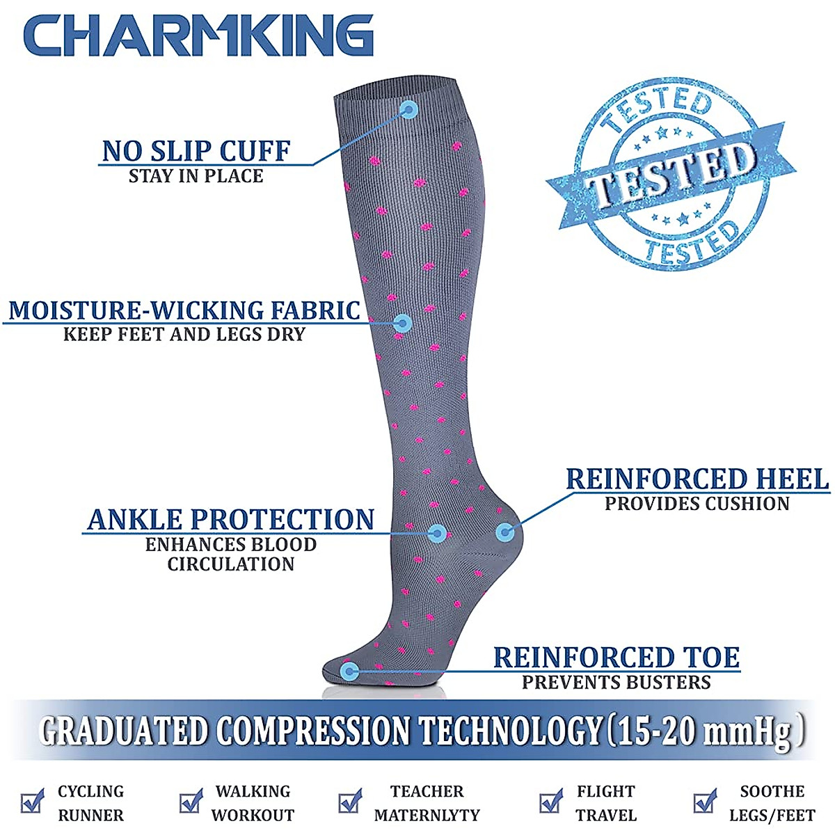 CHARMKING 6 Pairs-Compression Socks for Women & Men Circulation Best Support for Nurses, Running, Athletic,Flight Travel (Multi 22,L/XL)