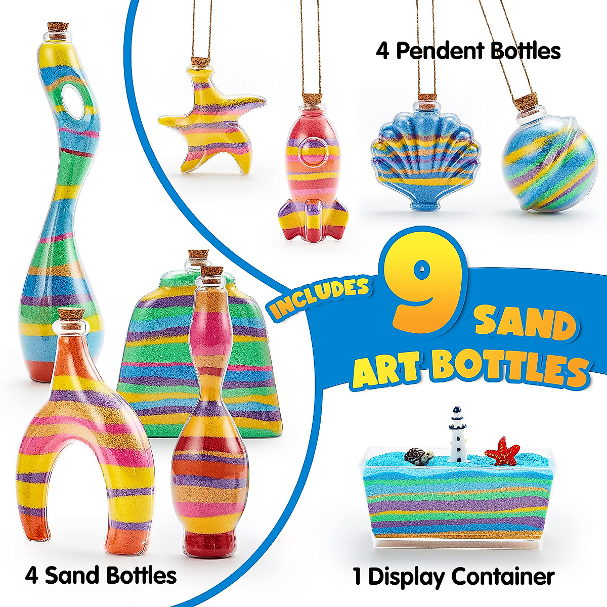 JOYIN 22PCS Sand Art - Sand Art Kits for Kids, Arts & Crafts for Kids Includes 5 Sand Art Bottles, 4 Pendent Bottles, 3 Sticky Art Sheets with 10 Bright Colors, DIY Crafts Gifts for Boys and Girls