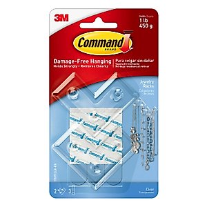 Command Clear Jewelry Rack, Holds up to 1 lb, 2 Jewelry Racks with 3 Medium Command Strips, Damage Free Hanging on Walls, Doors, Cabinets, and Closet for Jewelry and Accessories