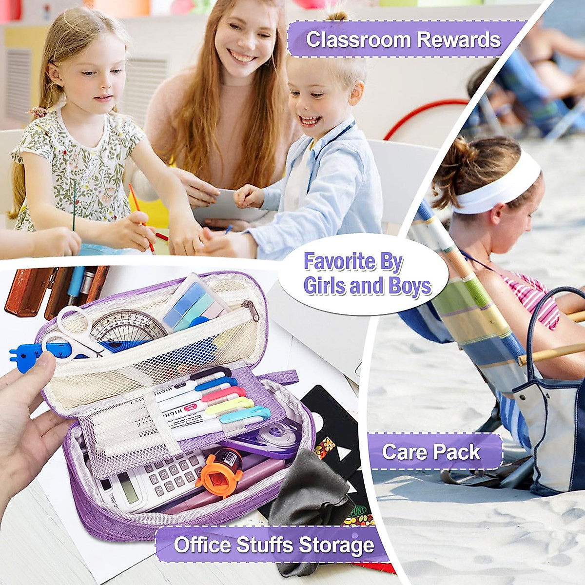 Namii W Pencil Case Large Capacity Pouch Bag with Zippers, Expandable Pen Bag Storage Holds 50-100 Pencils, Colors Pencil Box Organizer Case Office School Supplies for Girls Boys Adults(Purple)