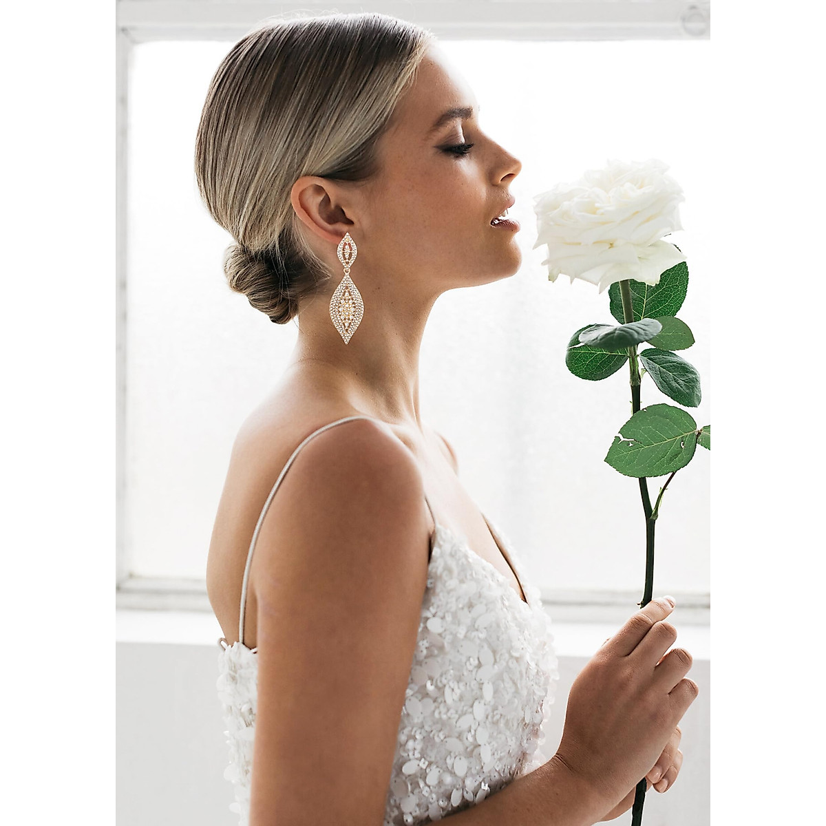 Canboer Fancy Gold Rhinestone Crystal Wedding Bridal Long Dangle Drop Earrings Crystal Leaf Chandlier Earrings for Women Party Prom