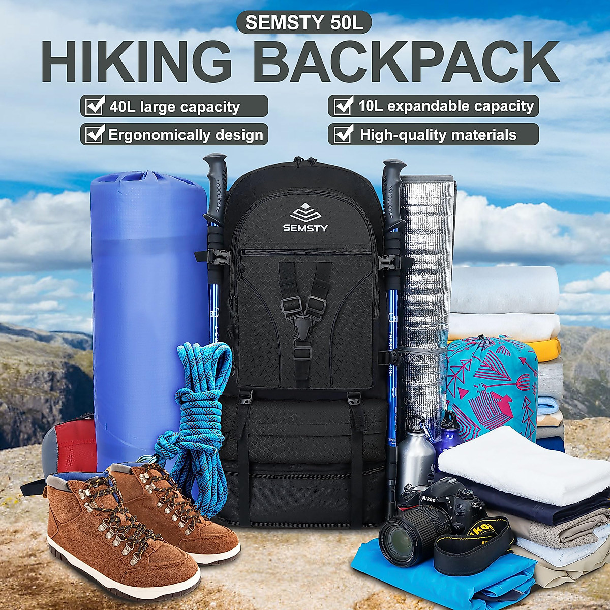 SEMSTY Hiking Backpack, 40L+10L Expandable Travel Backpack Flight Approved, Camping, Travel Backpack For Men and Women