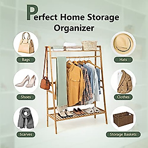 GOFLAME Bamboo Garment Rack, Heavy Duty Clothes Rack w/Top Shelf, Hanging Rod, Shoe Storage Shelf, Side Hooks, Freestanding Coat Rack, Clothing Storage Organizer for Bedroom Living Room