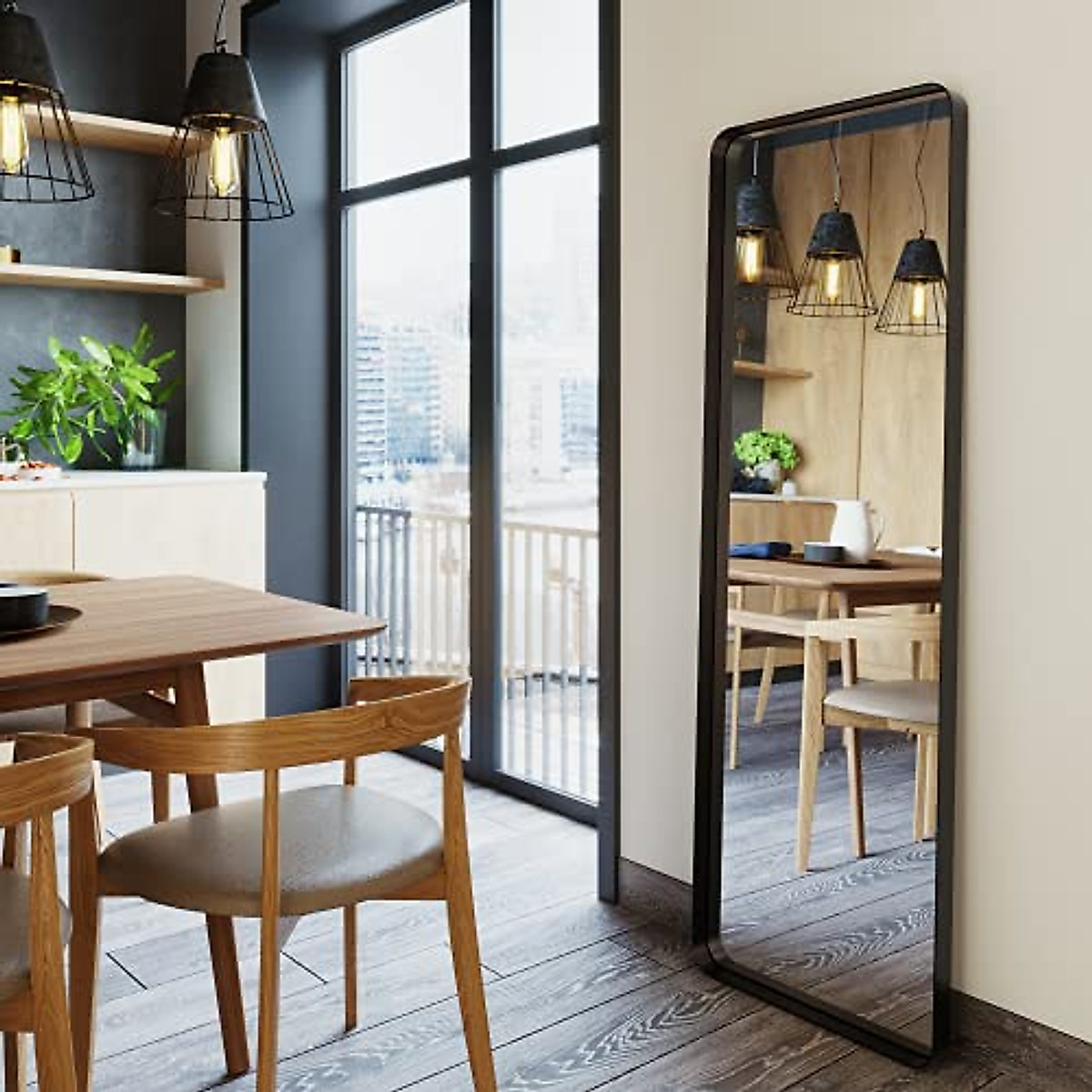 UPLAND OAKS Large Full Length Body Mirror for Floor & Wall in Bedroom - Metal Frame - Big & Tall Long Mirror for Leaning Size 65" x 21" (Black, Recessed)