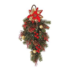 Sempoda Artificial Christmas Teardrop Swag, 21.7in Christmas Wreath with Bow & Red Berries & Xmas Ball, Winter Hanging Pine Leaves Garland for Home Party Wall Window Holiday Wedding Door Decor