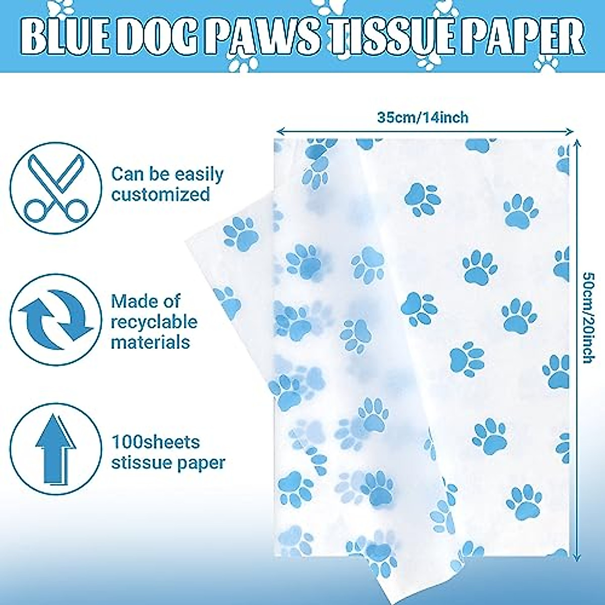 Bolsome 100 Sheets 20 * 14 Inches Dog Paw Print Tissue Paper for Gift Bags, Blue Puppy Paws Tissue Paper for Gift Wrapping for Birthday Baby Boys Shower DIY Craft