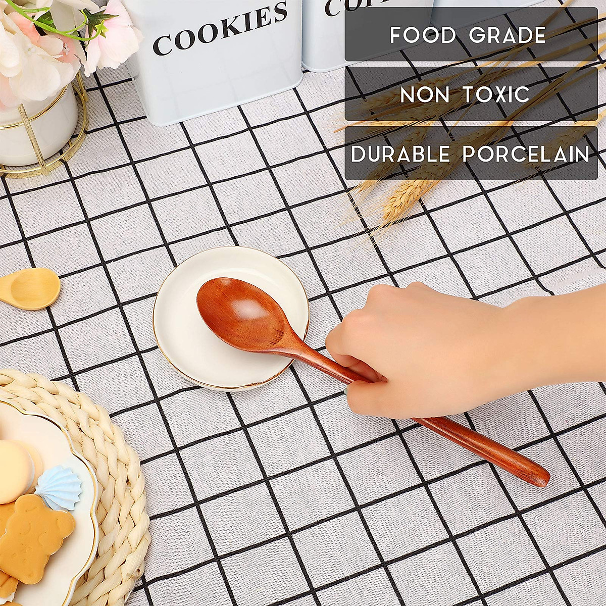 2 Pieces Gold Trim Ceramic Spoon Rest for kitchen,4 Inches Spoon Holder for Stove Top Spatula Holder, Coffee Spoon Rest Cradle, Kitchen Utensils Accessories (White)