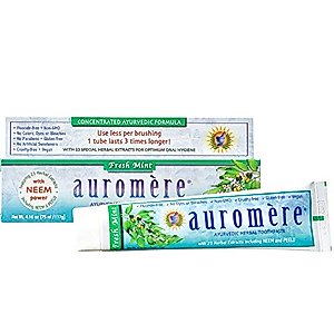 Auromere Ayurvedic Herbal Toothpaste, Fresh Mint - Vegan, Natural, Non GMO, Fluoride Free, Gluten Free, with Neem & Peelu (4.16 oz), 1 Pack