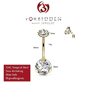 Forbidden Body Jewelry Long Belly Button Rings, Belly Button Jewelry, 14G Surgical Steel, Tri-Prong Round CZ Solitaire Belly Ring for Women, Internally Threaded (Gold/Clear)
