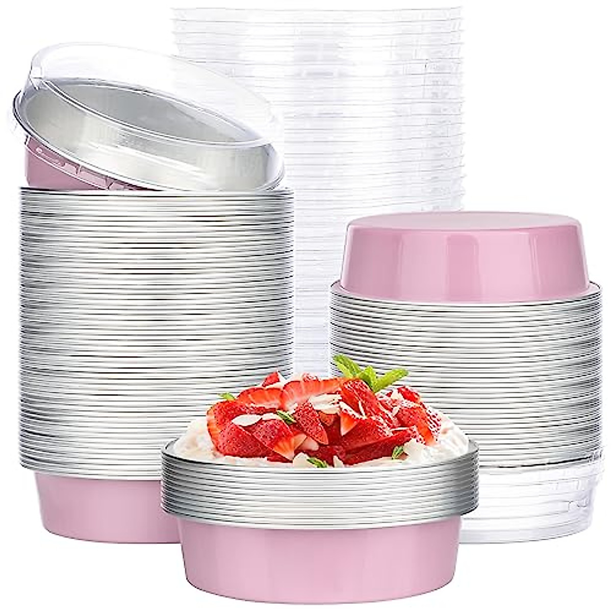 Suice Mini Cake Pans with Lids, 100PCS Disposable Foil Cupcake Baking Cups with Lid, 8oz Light Pink Cupcake Liners with Lids Mini Muffin Pan Cake Tins, Aluminum Creme Brulee Ramekins Dessert Cups