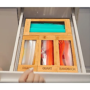 PJHOME Food Storage Bag Organizer Holders Bamboo Kitchen Cabinet Drawer Organization Compatible with Gallon, Quart, Sandwich & Snack Variety Size Bags