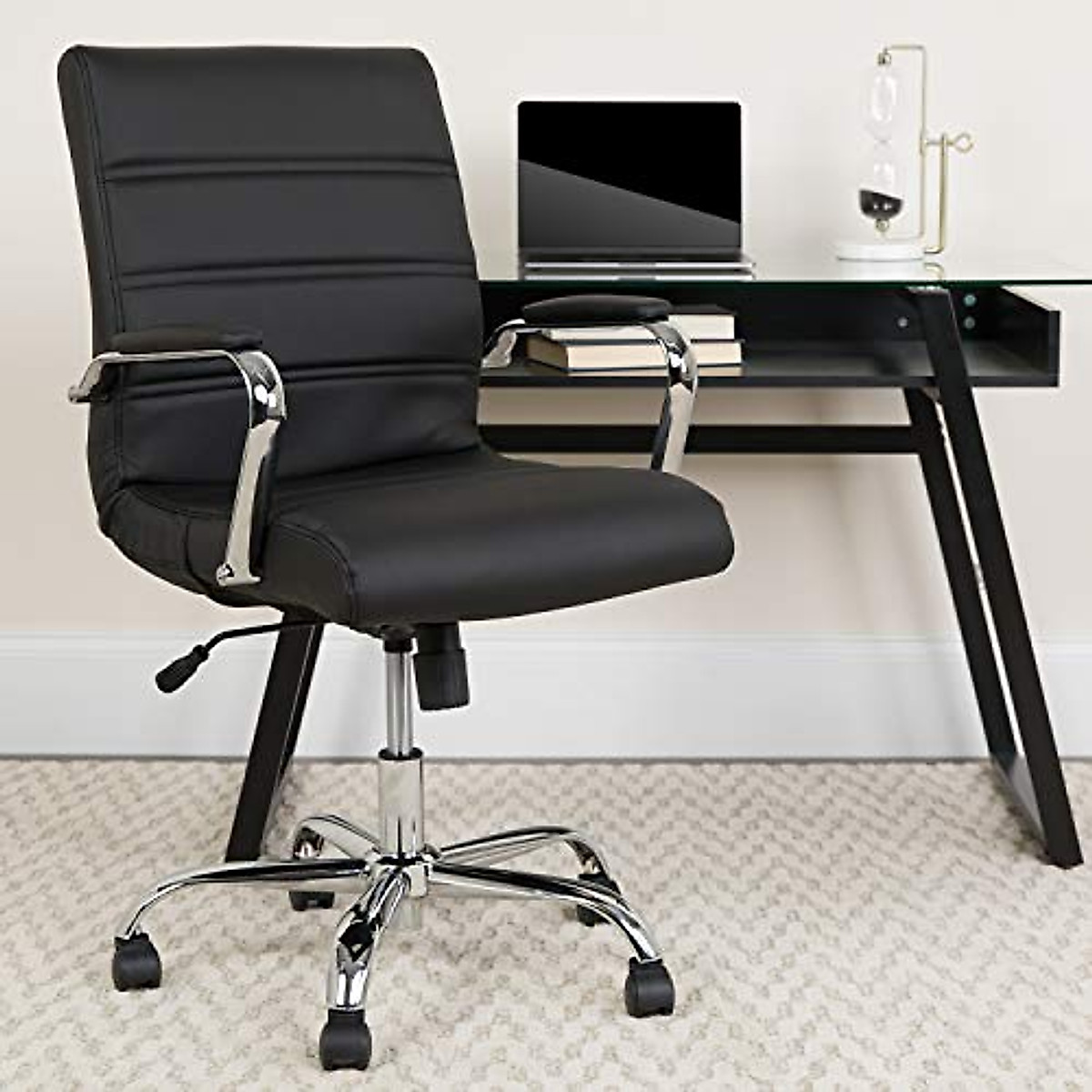 Flash Furniture Whitney Mid-Back Desk Chair - Black LeatherSoft Executive Swivel Office Chair with Chrome Frame - Swivel Arm Chair