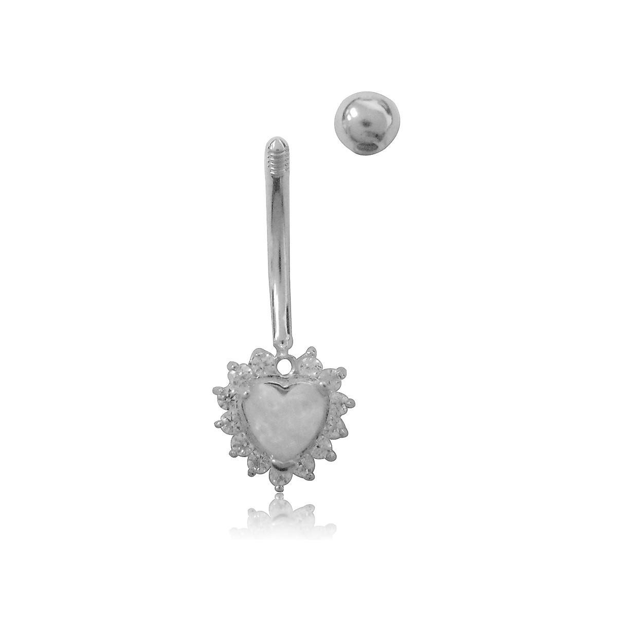 Ritastephens 14k White Gold Heart Created Opal Belly Navel Ring Cubic Zirconia