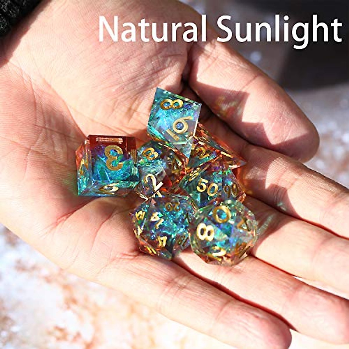 AUSPDICE DND Dice Set Handmade 7Pcs Sharp Edge Dice for Dungeons and Dragons TTRPG Games(Mix Blue&Brown Color)