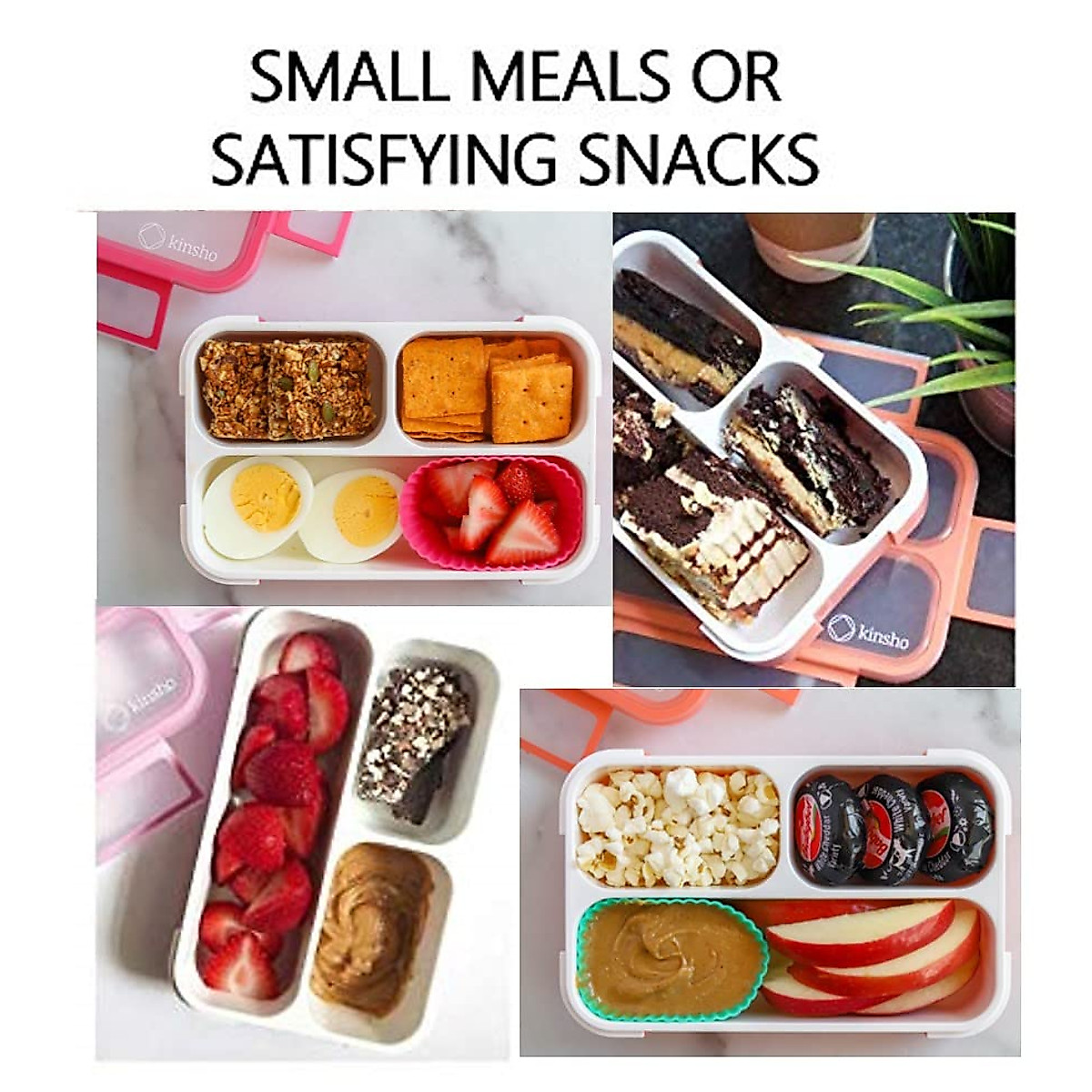 kinsho MINI Lunch-Box Snack Containers for Kids | SMALL Bento-Box Portion Container | Toddler Pre-School | Leak-proof Boxes for Work, Travel | Best for Adults Boys Girls | Pink Purple, Coral 3 pack