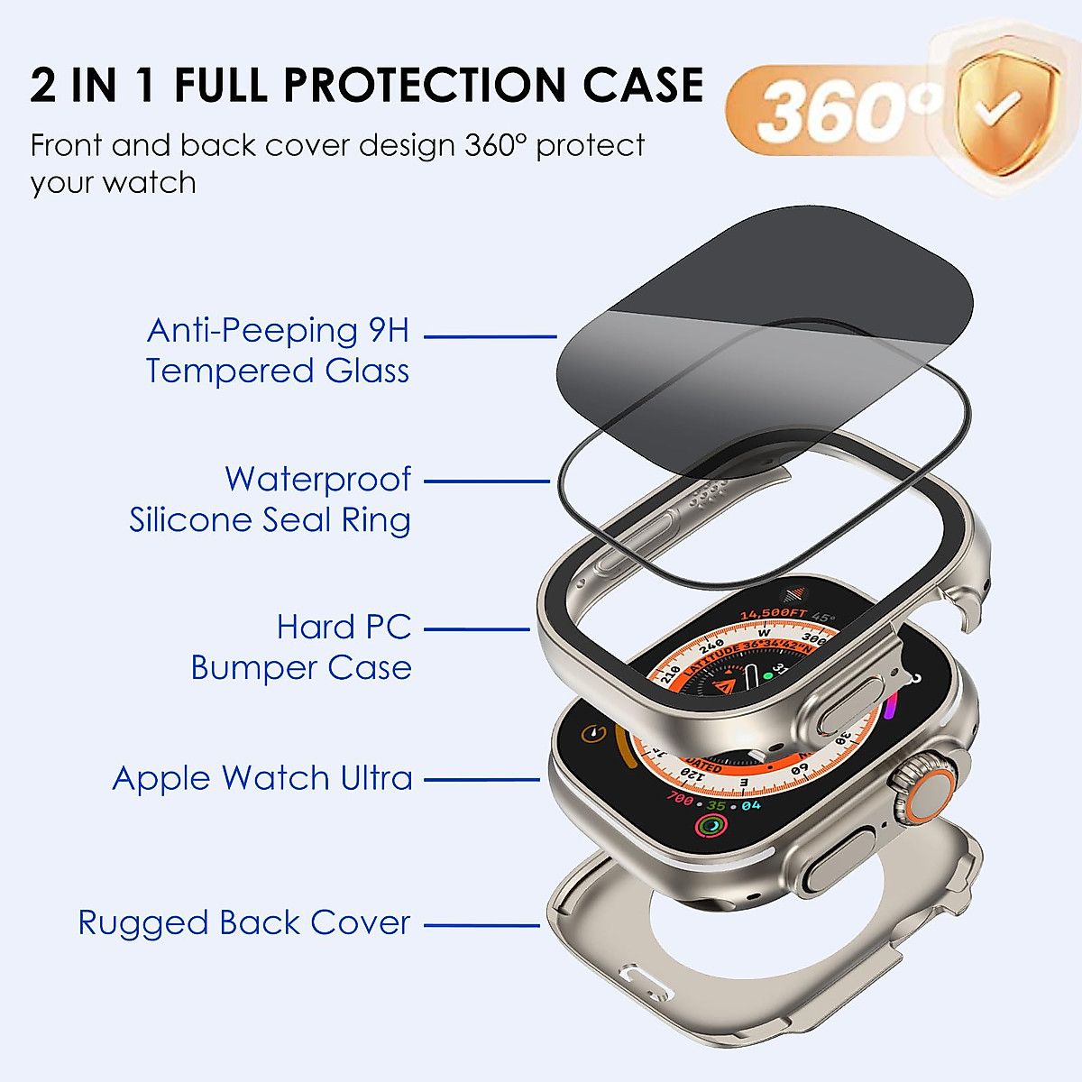 WINGLE 2 Pack for Apple Watch Ultra 2 49mm Privacy Screen Protector Case, [Anti-Peeping] 2 in 1 Waterproof 360 Protective Glass Face Cover Hard PC Bumper for iWatch Ultra 49 mm, Titanium