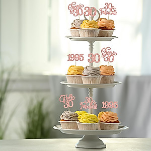 Gyufise 30Pcs 30th Birthday Cupcake Toppers Glitter Hello 30 Cupcake Topper Cheers to 30 1995 Thirty Cupcake Picks for Happy 30th Birthday Anniversary Party Cake Decorations Rose Gold