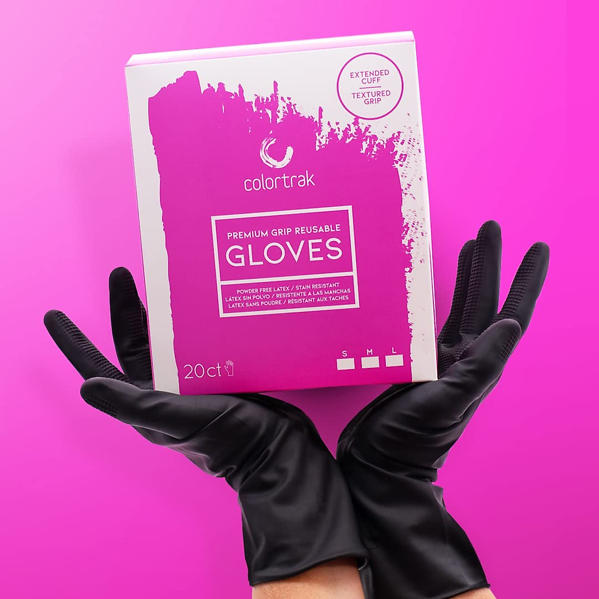Colortrak Reusable Powder Free Latex Gloves, 20 Count, Multi-Use, Lightweight Latex, Textured Finish, Black Color Hides Stains, Reusable to Reduce Waste, Large