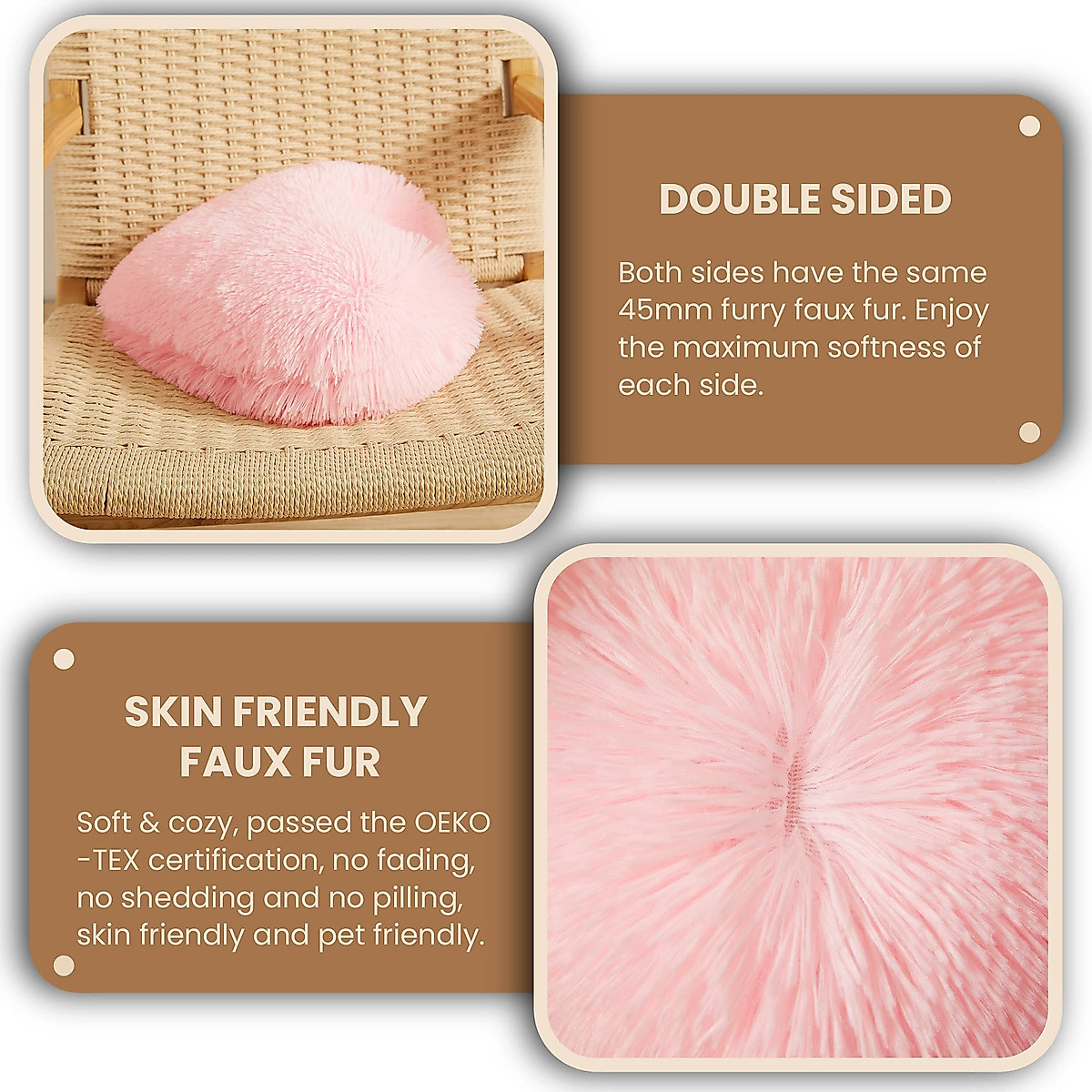 MEGO Fluffy Heart Pillow, Faux Fur Decorative Throw Pillow, Plush Shaggy Heart Shaped Pillow w Insert&Cover, Cute Furry Throw Pillows for Couch Bed Sofa Kid Girls Women Valentine's Day Gift Pink