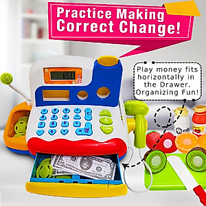 FUNERICA Toy Cash Register with Scanner, Microphone, and Interactive Calculator. Includes Grocery Food, Cuttable Fruit, Pretend Play Money - for Toddlers and Kids