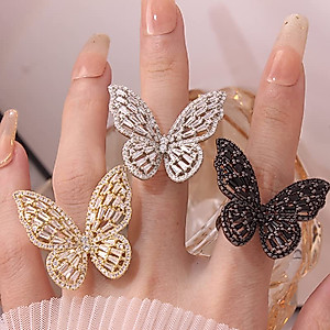 TKMIRA Butterfly Ring for Women Gold Adjustable Cubic Zirconia Ring Jewelry Sparkling Sterling Silver Open Statement Ring (black butterfly)