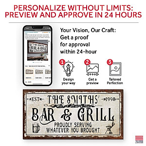 Tailored Canvases Custom Bar and Grill Sign - Canvas Wall Art Decor for Man Cave, Hideout, Kitchen, Pub, Diner and Restaurant - Rustic Bar & Grill Hook on Cloth with 1 Beer Mug and Griller, 20x10